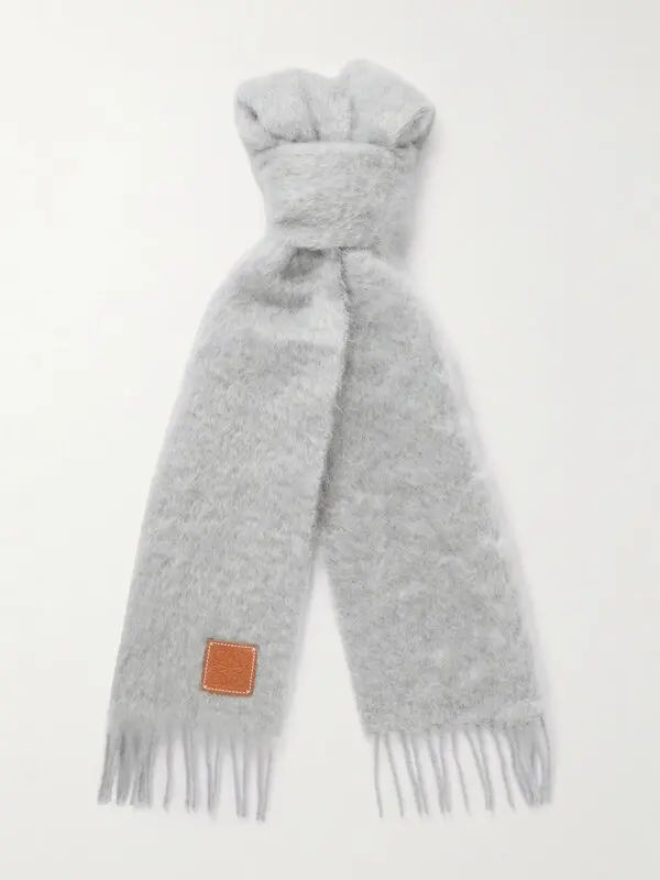 Loewe Logo-appliquéd Fringed Mohair-blend Scarf - Gray