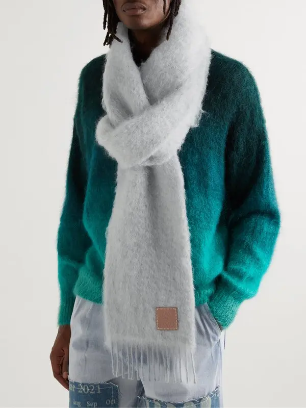 Loewe Logo-appliquéd Fringed Mohair-blend Scarf - Gray