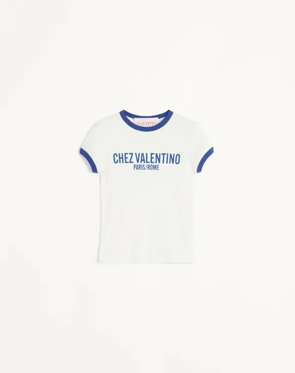 Valentino Garavani Cotton Jersey T-shirt With Chez Print - Ivory/electric Blue