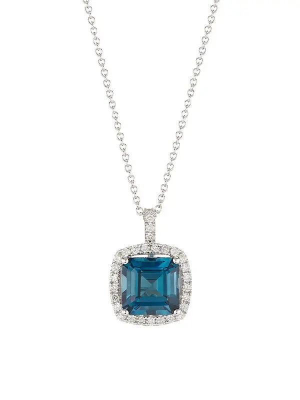 Saks Fifth Avenue Collection 14k White Gold, London & 0.35 Tcw Diamond Cushion Pendant Necklace - Blue Topaz