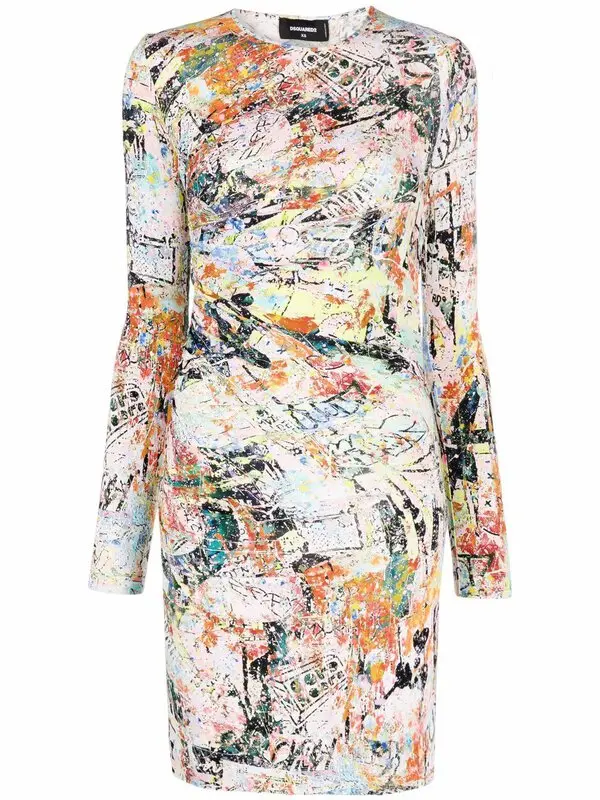 Dsquared2 Abstract Pattern Gathered Long Sleeve Dress - White