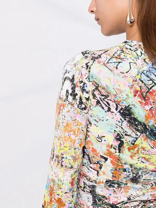 Dsquared2 Abstract Pattern Gathered Long Sleeve Dress - White