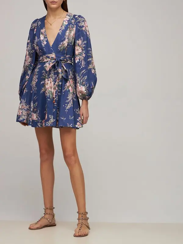 Zimmermann Moonshine Printed Linen Mini Wrap Dress - Blue,Multi |  Editorialist
