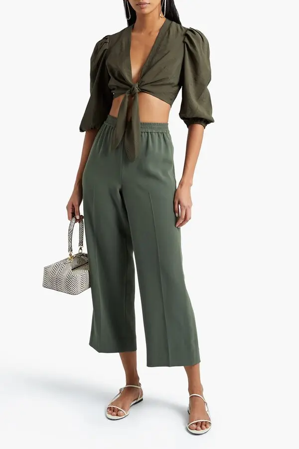 Simkhai Cropped Tie-front Crinkled Woven Top - Army Green