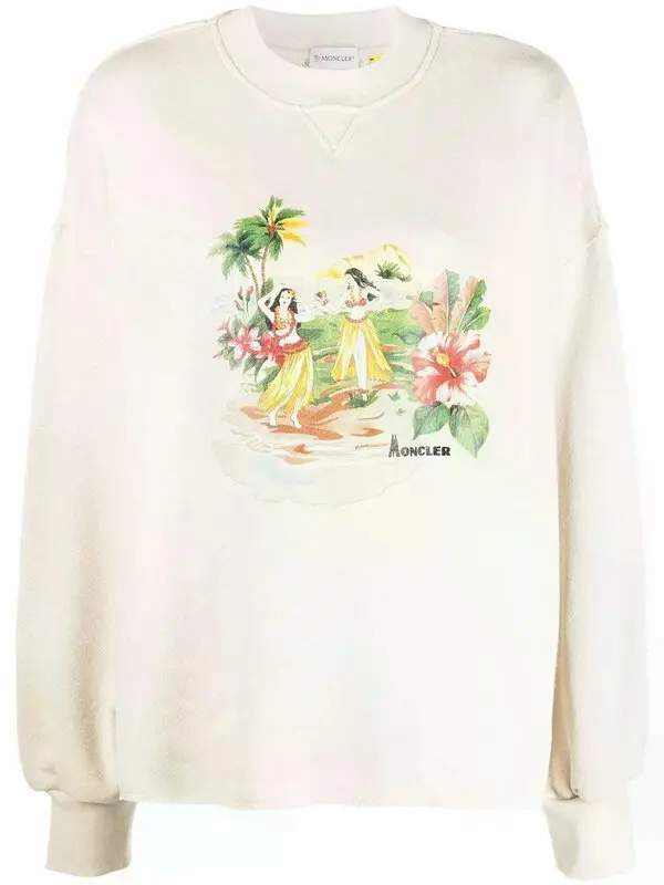 Palm Angels X Moncler Tropical-print Sweatshirt - Neutrals