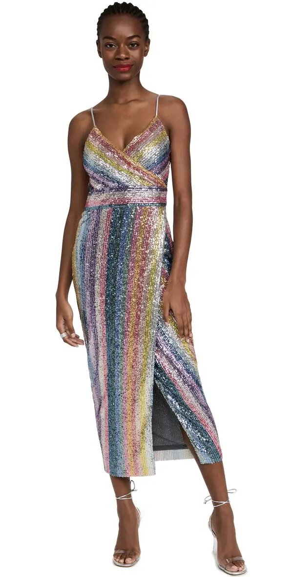 knee length dresses for ladies Saylor Meghan Rainbow Lurex Midi Dress