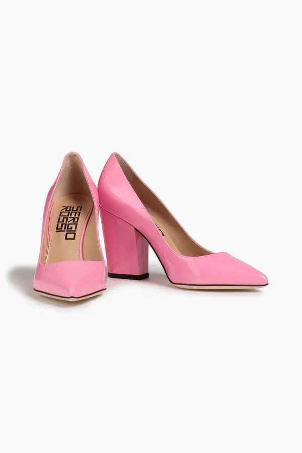 SERGIO ROSSI Patent Leather Pointed Toe Block Heel Pumps