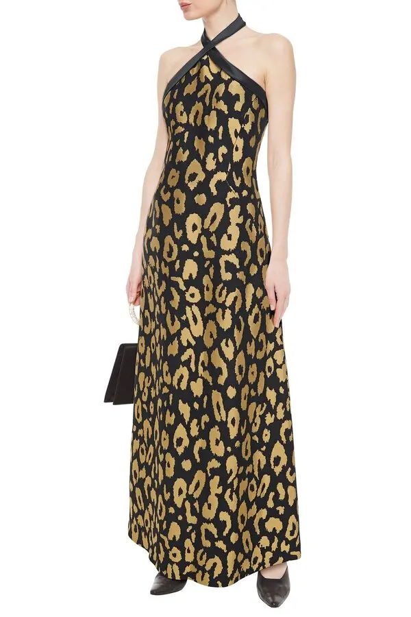 TEMPERLEY LONDON Metallic Leopard Jacquard Halterneck Midi Dress - Black