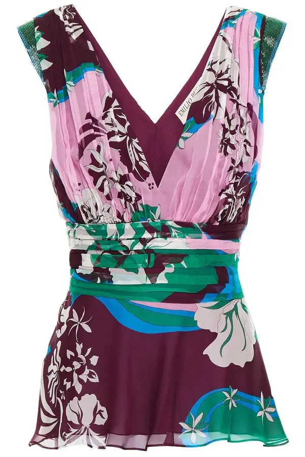 Emilio Pucci Pleated Printed Silkblend Georgette Top