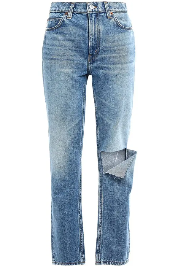 RE/DONE 70s Distressed Highrise Straightleg Jeans - Mid Denim