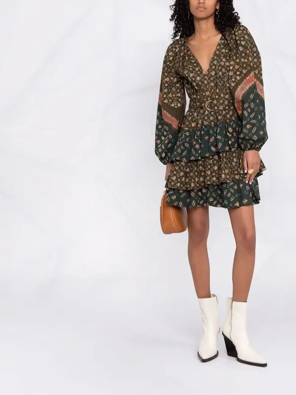 knee length dresses for ladies Moss Green Shibori Tie-Dye Cotton Tier Short Dress main image 1