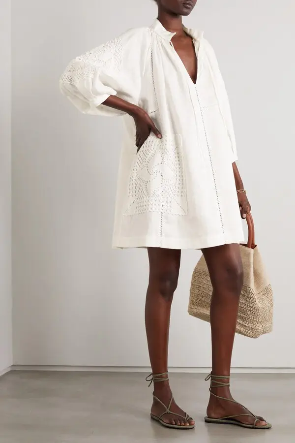 Oroton Crochet-Trimmed Linen Mini Dress - White | Editorialist