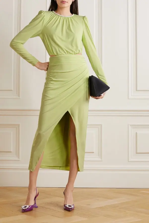 Self-Portrait Crystal-Embellished Cutout Ruched Stretch-Jersey Midi Dress  In Green - 30% Off | Editorialist