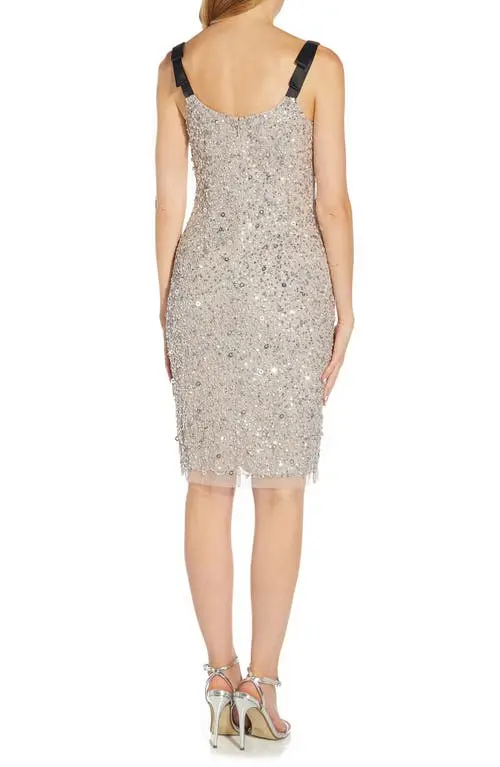 Adrianna Papell Beaded Mesh Cocktail Dress With Ribbon Straps