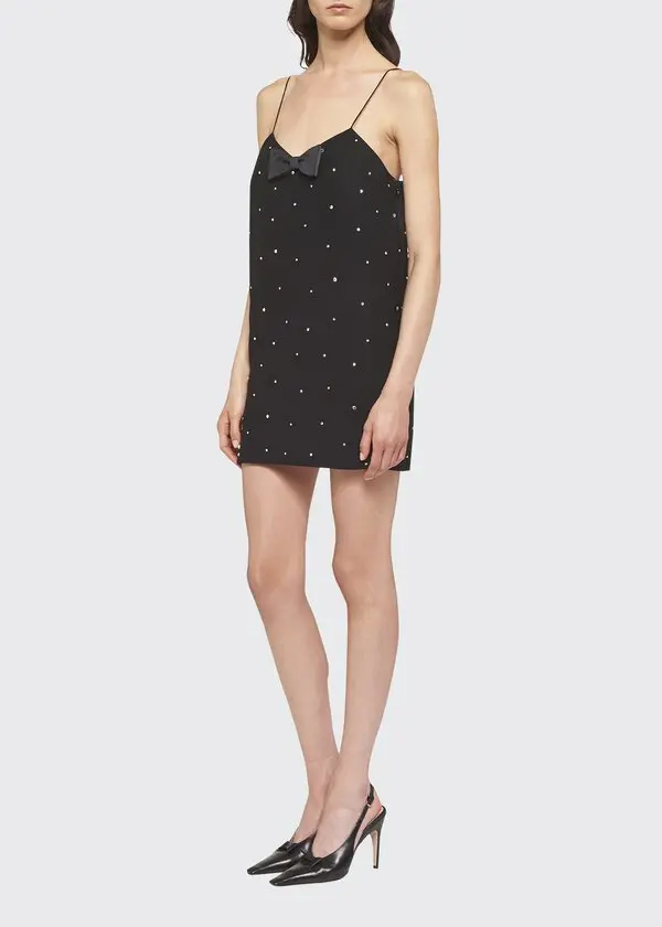 Miu Miu Crystal-Embellished Cady Mini Dress W/ Bow - F0002 Nero |  Editorialist