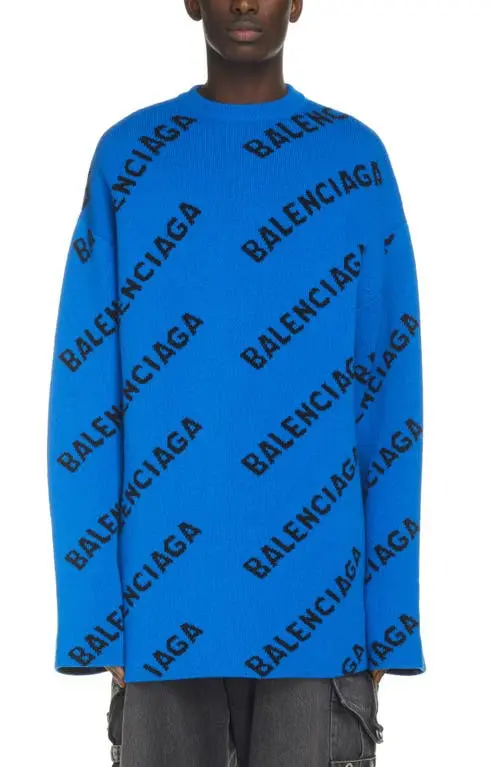 Balenciaga Intarsia Diagonal Logo Oversize Wool Blend Sweater - Blue/black