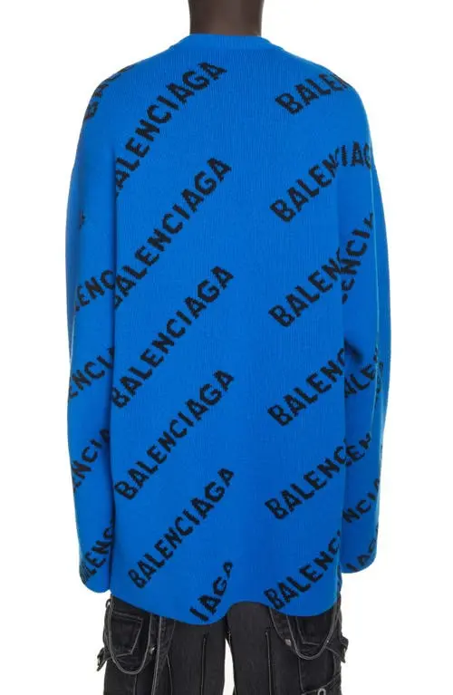 Balenciaga Intarsia Diagonal Logo Oversize Wool Blend Sweater - Blue/black