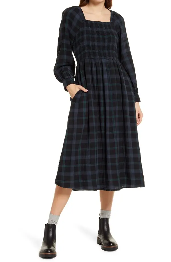 Madewell Lucie Livonia Plaid Long Sleeve Smocked Lightspun Cotton Gauze  Midi Dress In Dark Baltic - 58% Off | Editorialist