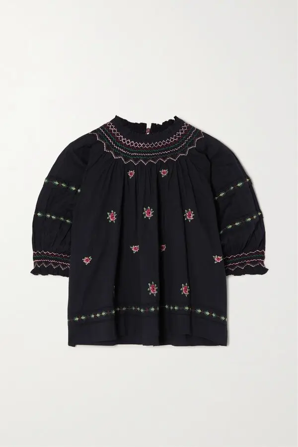 The Great. The Folklore Smocked Embroidered Cotton-voile Top
