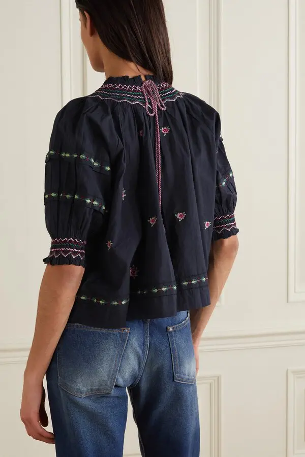 The Great. The Folklore Smocked Embroidered Cotton-voile Top