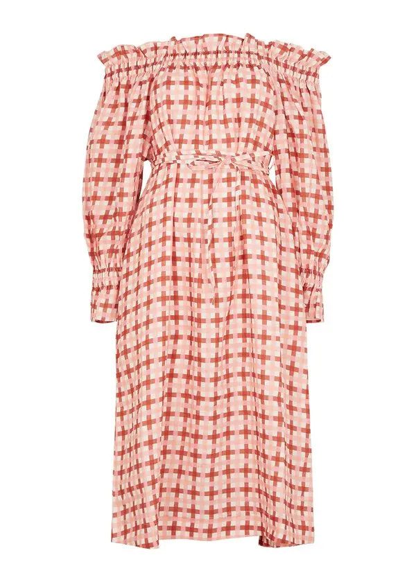 Ephemera Spalla Gingham Linen Midi Dress In Peach - 50% Off | Editorialist