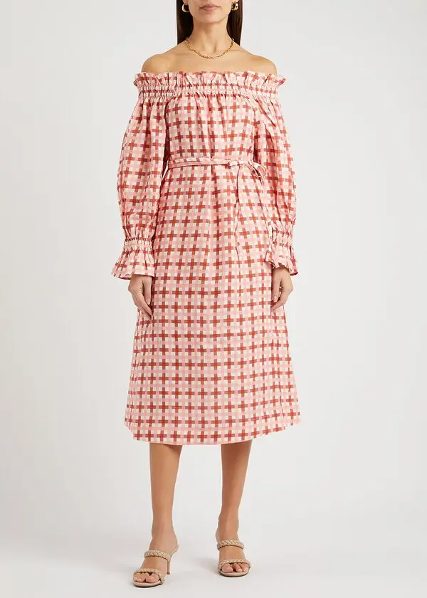 Ephemera Spalla Gingham Linen Midi Dress In Peach - 50% Off | Editorialist