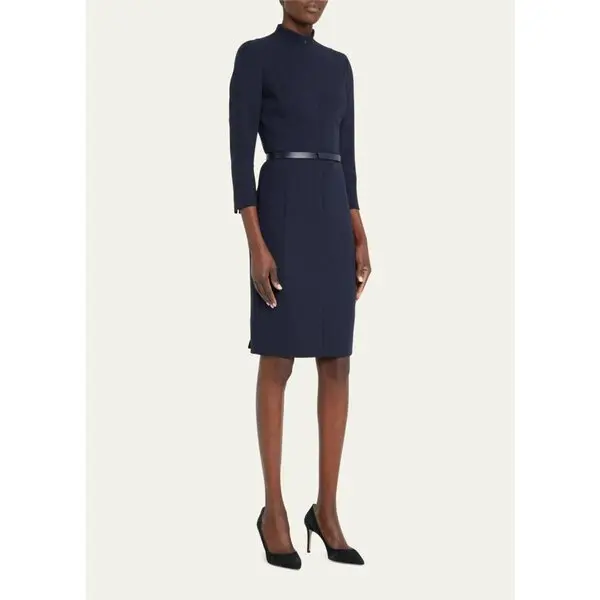 Akris Split-neck Double-face Wool Sheath Dress - Blue