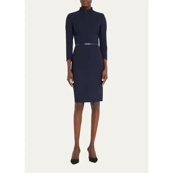 Akris Split-neck Double-face Wool Sheath Dress - Blue