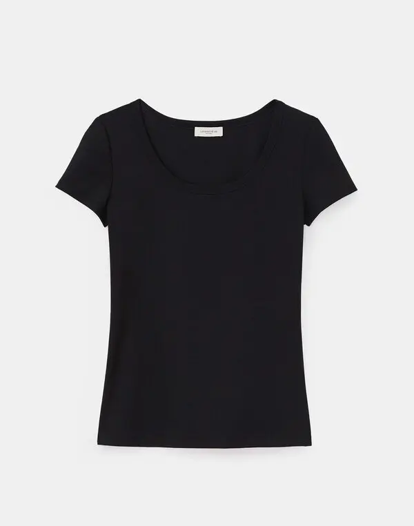 Lafayette 148 New York Cotton Rib Scoop Neck T-shirt - Black