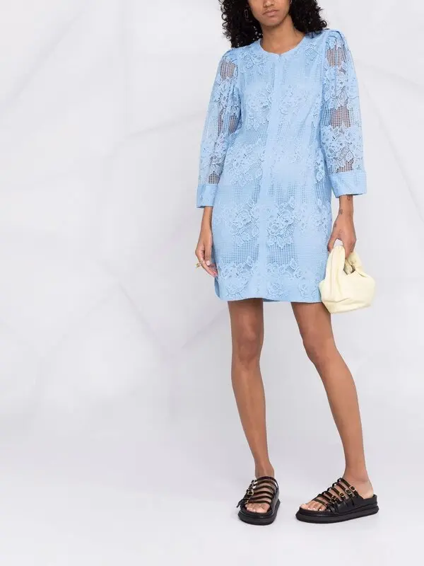 Ganni Lace-Panel Long-Sleeve Dress In Blue - 70% Off