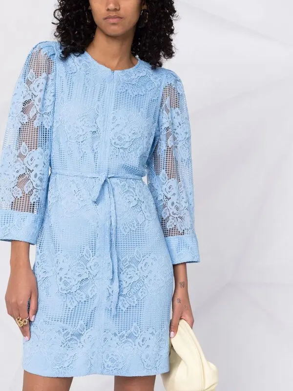 Ganni Lace-Panel Long-Sleeve Dress In Blue - 70% Off