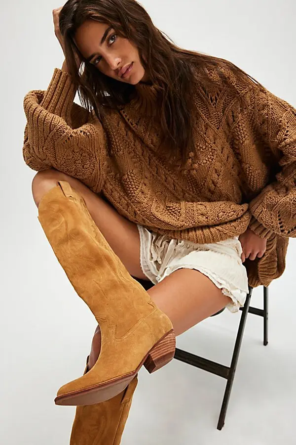 Jeffrey Campbell Finn Tall Western Boots - Camel Suede Brown Stack