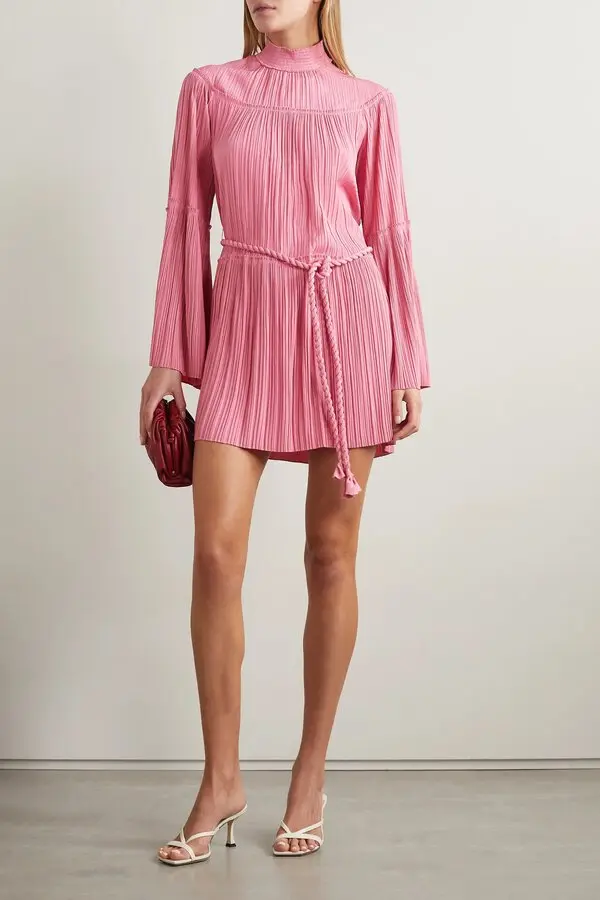 A.L.C. Tressa Belted Pliss-Crepe De Chine Mini Dress In Pink - 50% Off |  Editorialist