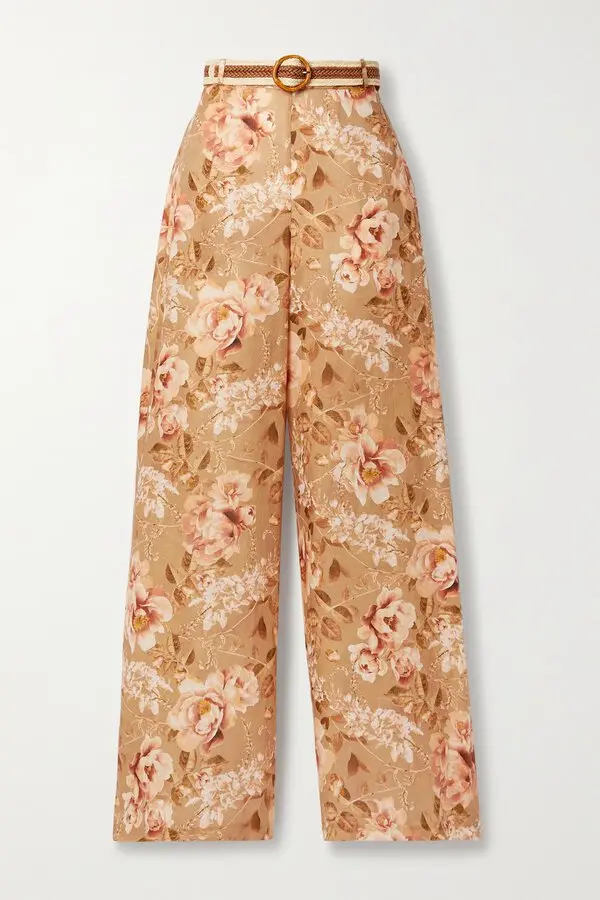 Zimmermann Rosa Belted Floral-print Linen Wide-leg Pants