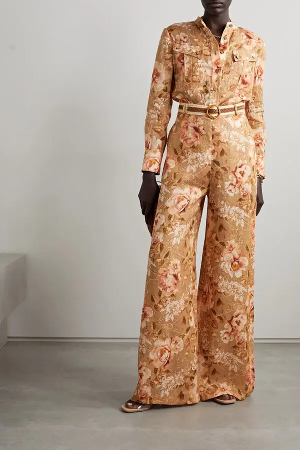 Zimmermann Rosa Belted Floral-print Linen Wide-leg Pants