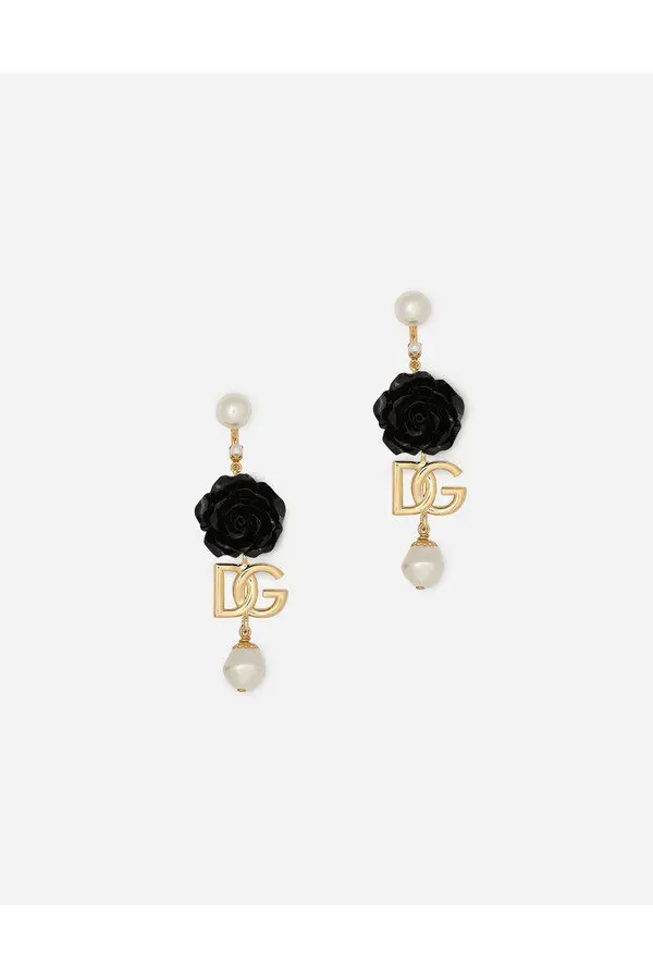 Dolce & Gabbana Drop Earrings With Roses And Dg Logo
