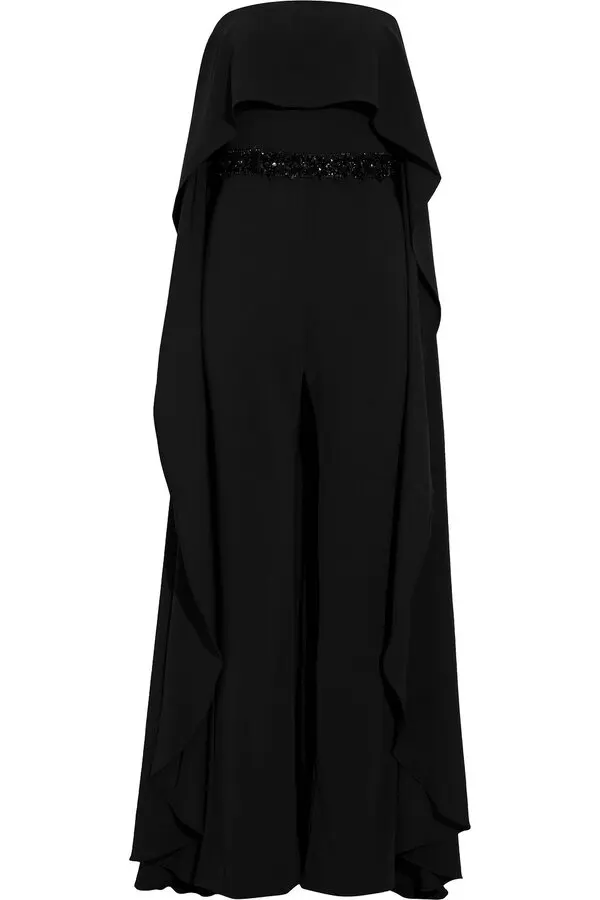 Badgley Mischka Embellished Strapless Draped Crepe Jumpsuit - Black