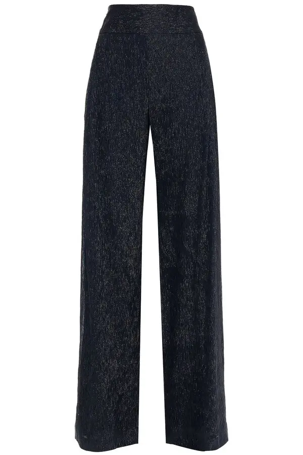 Roland Mouret Brunswick Metallic Plissé Silkblend Georgette Wideleg Pants - Midnight Blue