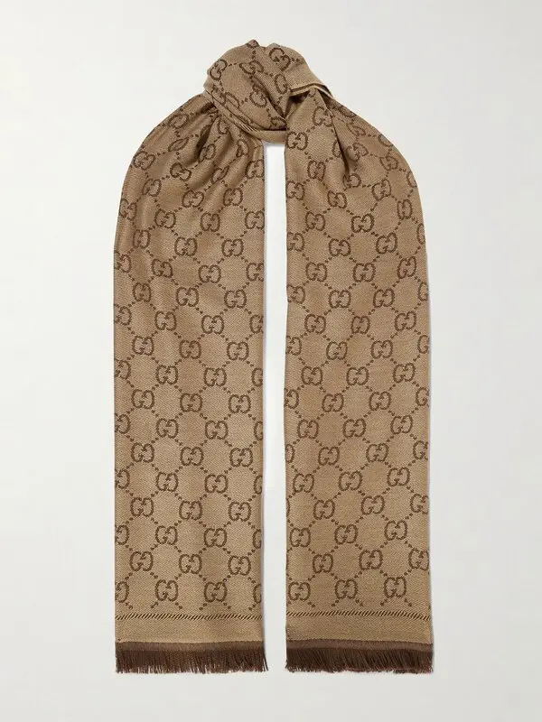 Gucci Net Sustain Sten Reversible Fringed Organic Wool-jacquard Scarf - Brown