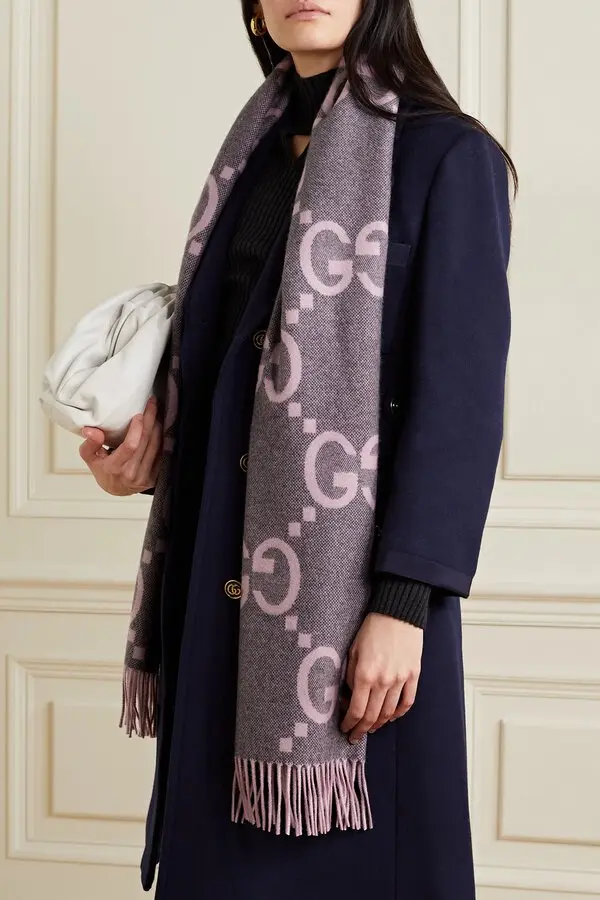 Gucci Fringed Cashmere-Jacquard Scarf - Lilac | Editorialist