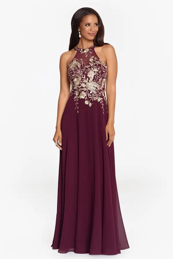 Betsy & Adam Halter Neck Gown With Metallic Overlay - Wine | Editorialist