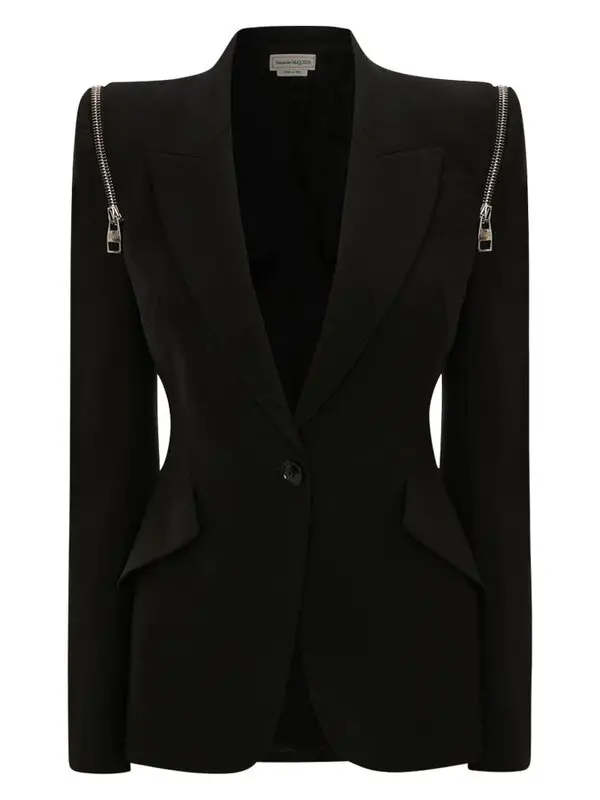 Alexander McQueen Zip Shoulder Leaf Crepe Blazer