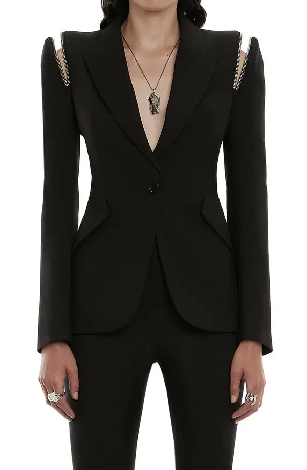 Alexander McQueen Zip Shoulder Leaf Crepe Blazer