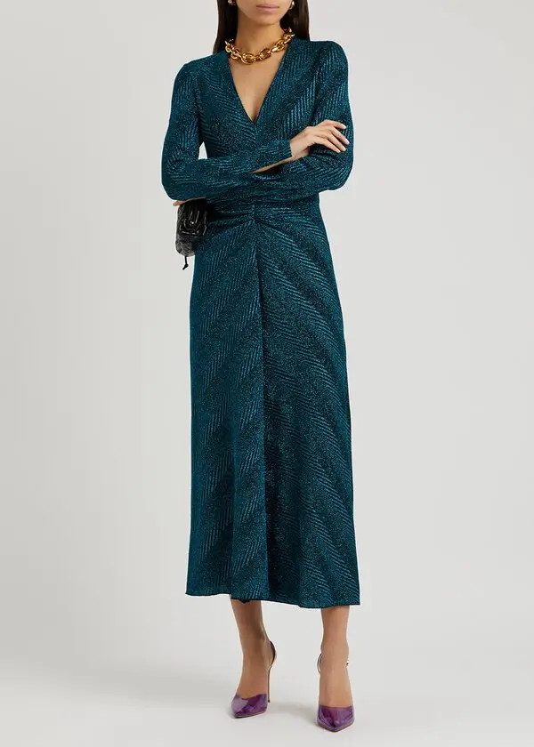 rotate birger christensen gathered metallic stretch knit midi dress ROTATE Birger Christensen Gathered Metallic Stretch Knit Mini Dress, $117 |  NET-A-PORTER.COM