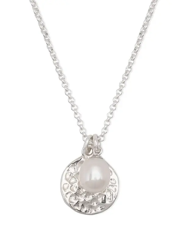 DOWER & HALL Hammered Disc Pearl Pendant Necklace - Silver