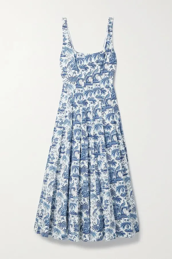 Staud Wells Pleated Printed Stretch-cotton Poplin Midi Dress