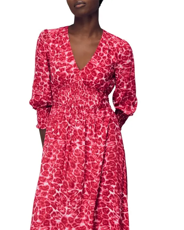 Whistles Clouded Leopard Shirred Midi Dress - Pink/multi