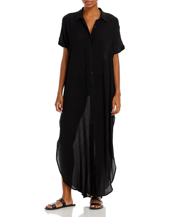Aqua Swim Button Front Maxi Swim Cover-up Exclusive - Black