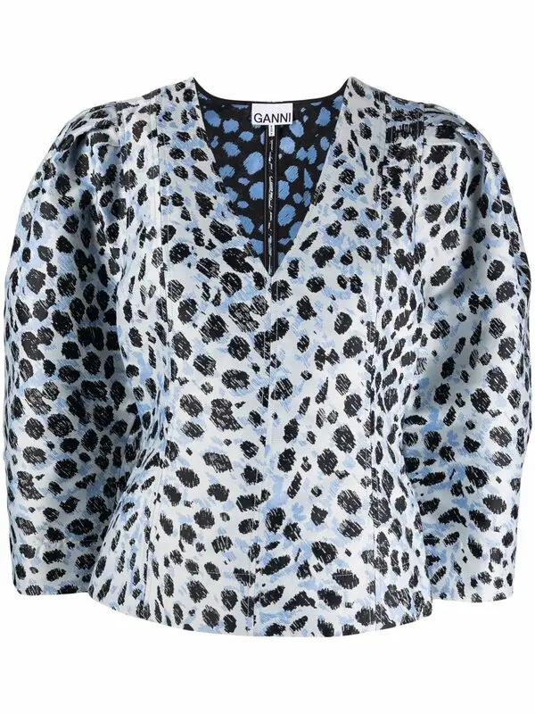 GANNI Leopard-print Puff-sleeve Top