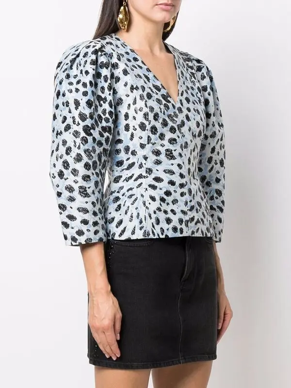 GANNI Leopard-print Puff-sleeve Top